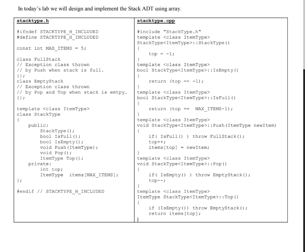 Solved In today's lab we will design and implement the Stack | Chegg.com