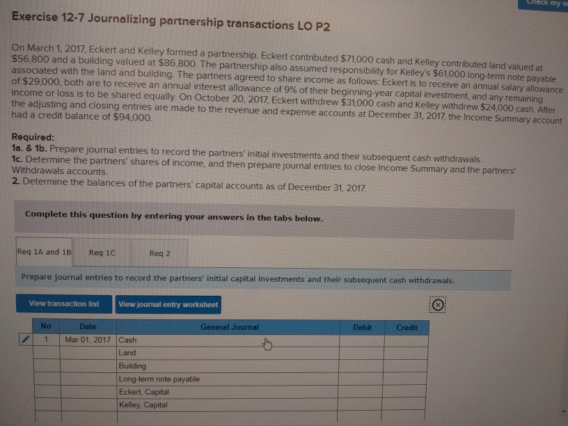 Solved Check my w Exercise 12-7 Journalizing partnership | Chegg.com