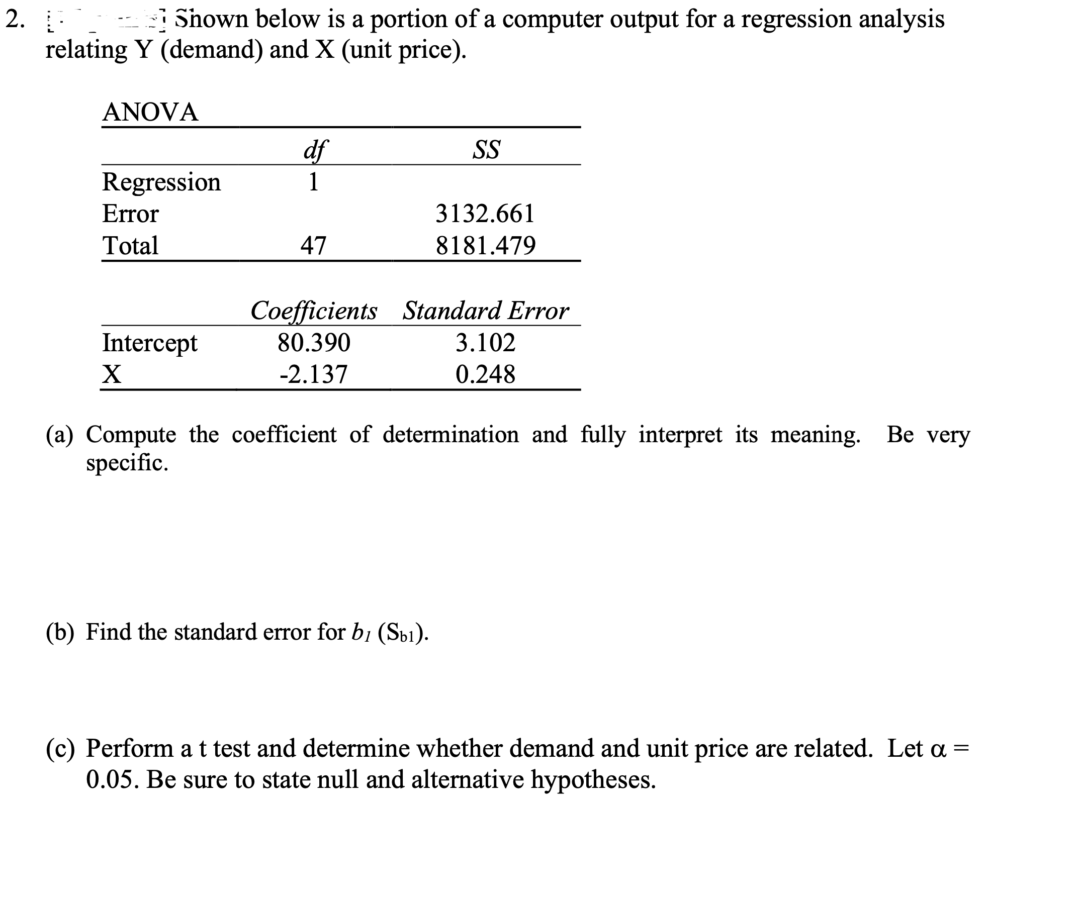 Solved Shown below is a portion of a computer output for a | Chegg.com