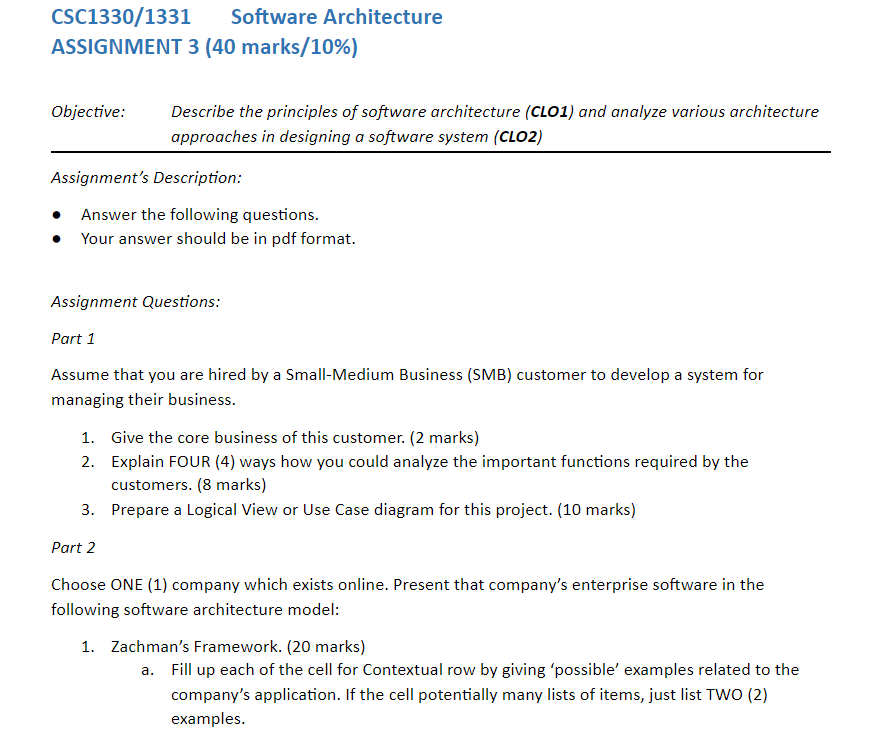 Solved CSC1330/1331 Software Architecture ASSIGNMENT 3 (40 | Chegg.com