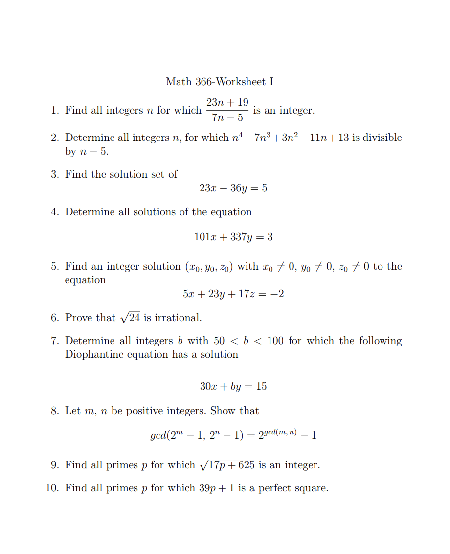 Solved Math 366-Worksheet IFind all integers n ﻿for which | Chegg.com