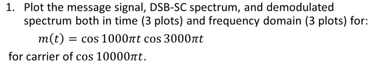Solved 1. Plot the message signal, DSB-SC spectrum, and | Chegg.com