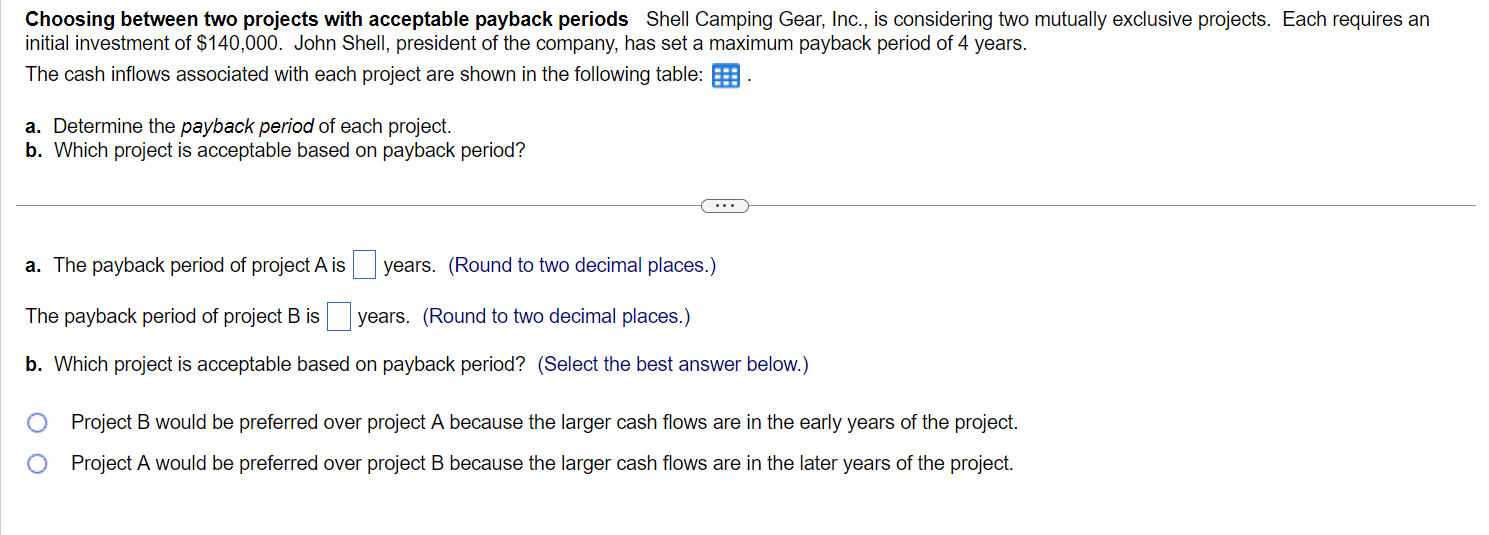 Solved Choosing between two projects with acceptable payback | Chegg.com