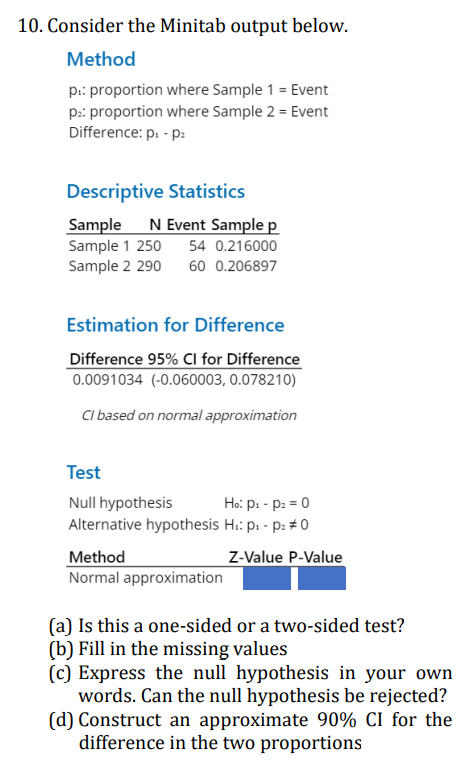 Solved 10. Consider the Minitab output below. Method p.: | Chegg.com