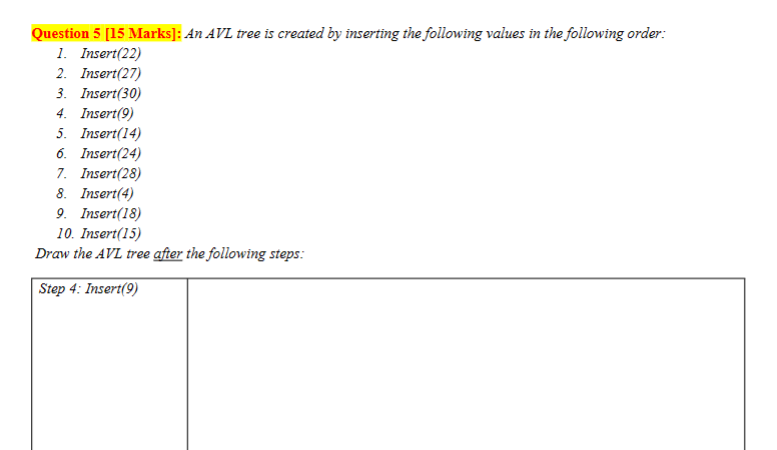 Solved Question 5 [15 Marks]: An AVL tree is created by | Chegg.com