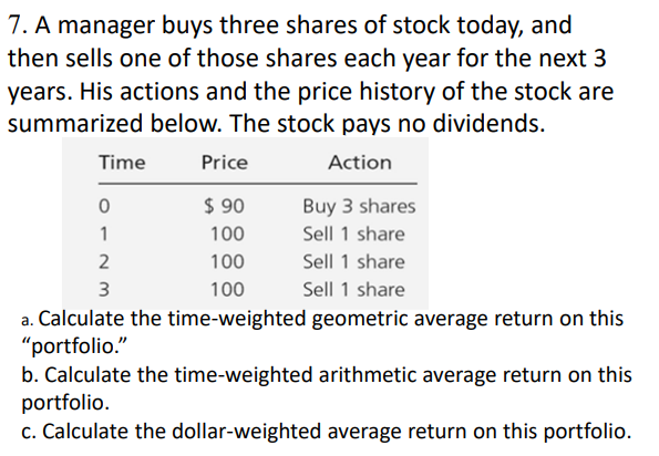 Solved 7. A manager buys three shares of stock today, and | Chegg.com