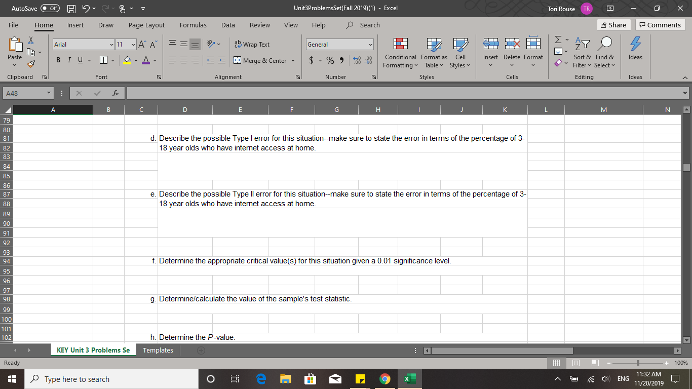 Solved Unit3ProblemsSet(Fall 2019)(1) - Excel Tori Rouse TR | Chegg.com