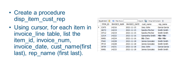 Solved - Create a procedure disp_item_cust_rep - Using | Chegg.com