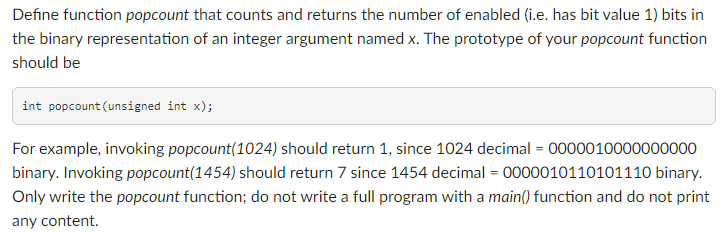 Solved Define function popcount that counts and returns the | Chegg.com