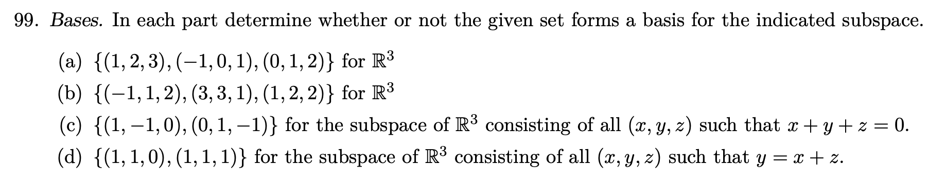 Solved 99. Bases. In each part determine whether or not the | Chegg.com