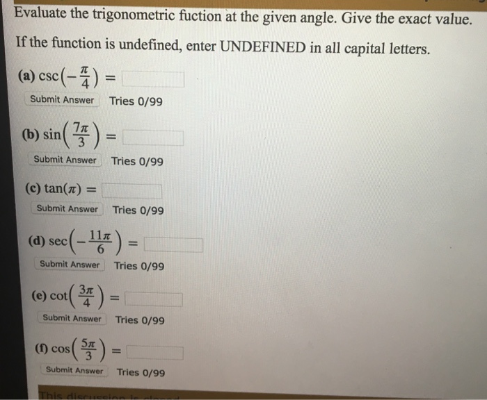 Solved Evaluate the trigonometric fuction at the given | Chegg.com
