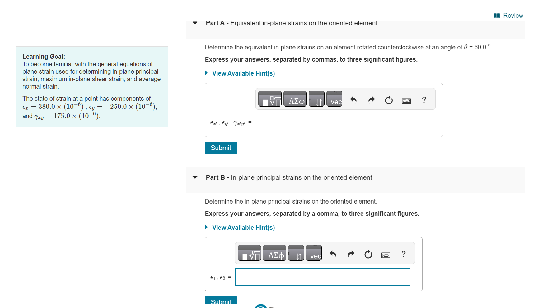 Solved Part A - Łquivalent in-plane straıns on the oriented | Chegg.com