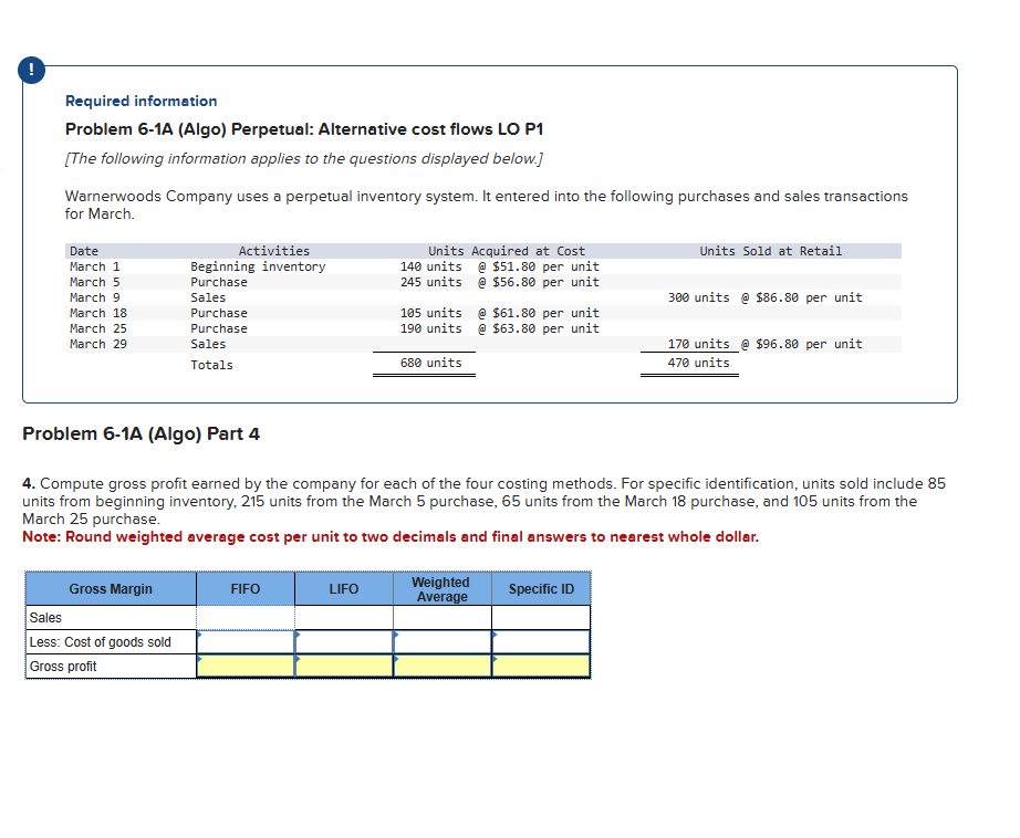 Solved Required information Problem 6-1A (Algo) Perpetual: | Chegg.com