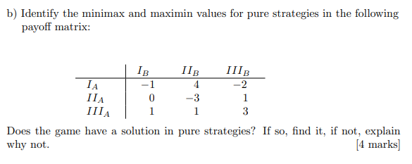 Solved b) Identify the minimax and maximin values for pure | Chegg.com