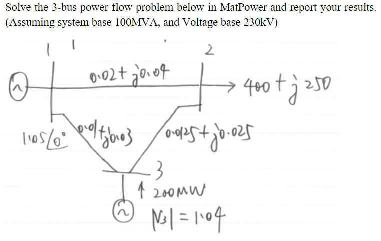 Solved Solve the 3-bus power flow problem below in MatPower | Chegg.com