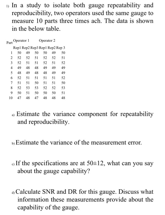 Solved ) In a study to isolate both gauge repeatability and | Chegg.com
