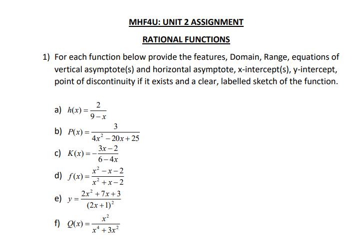Solved MHF4U: UNIT 2 ASSIGNMENT RATIONAL FUNCTIONS 1) For | Chegg.com