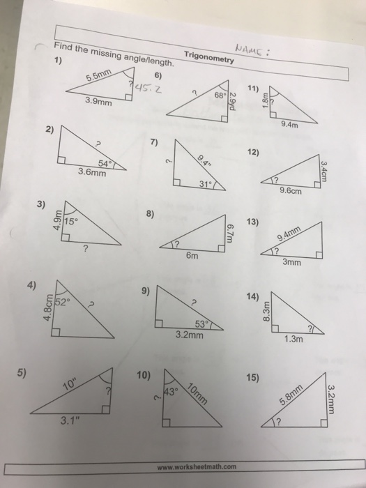 Solved UAME: Trigonometry Find the missing angle/length 1) | Chegg.com