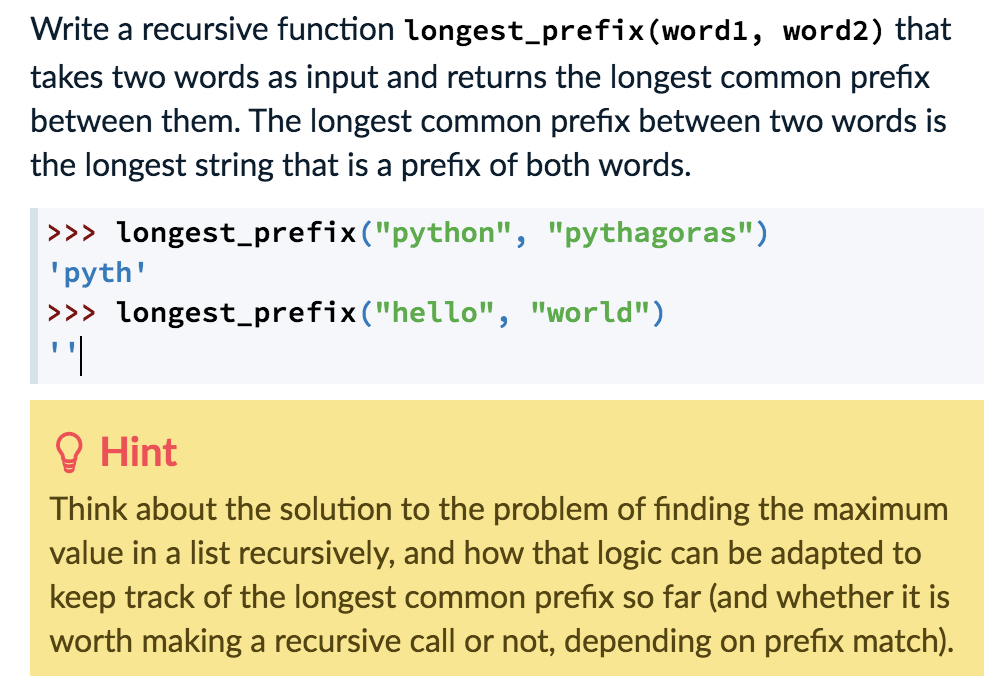 Solved Write a recursive function longest_prefix(wordi, | Chegg.com