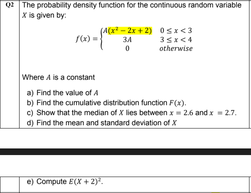Solved Q2 The probability density function for the | Chegg.com
