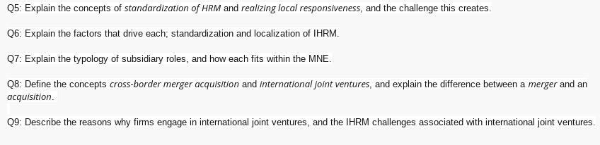 Q5: Explain the concepts of standardization of HRM | Chegg.com