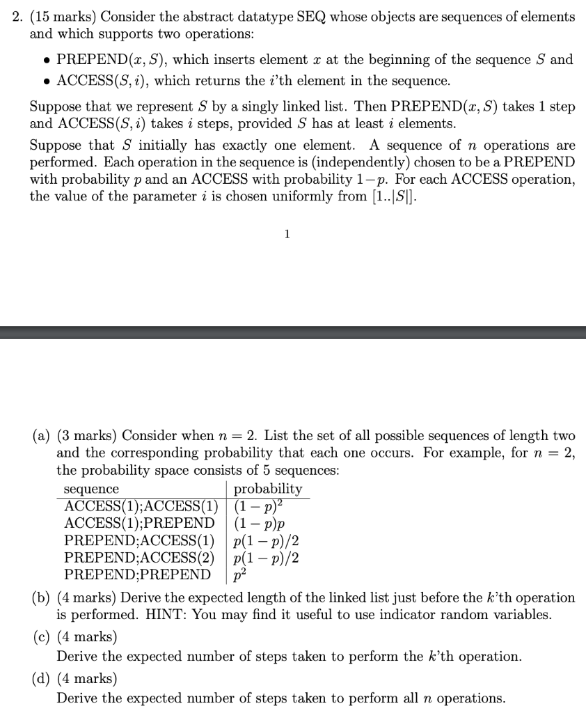 Solved 2. (15 marks) Consider the abstract datatype SEQ | Chegg.com