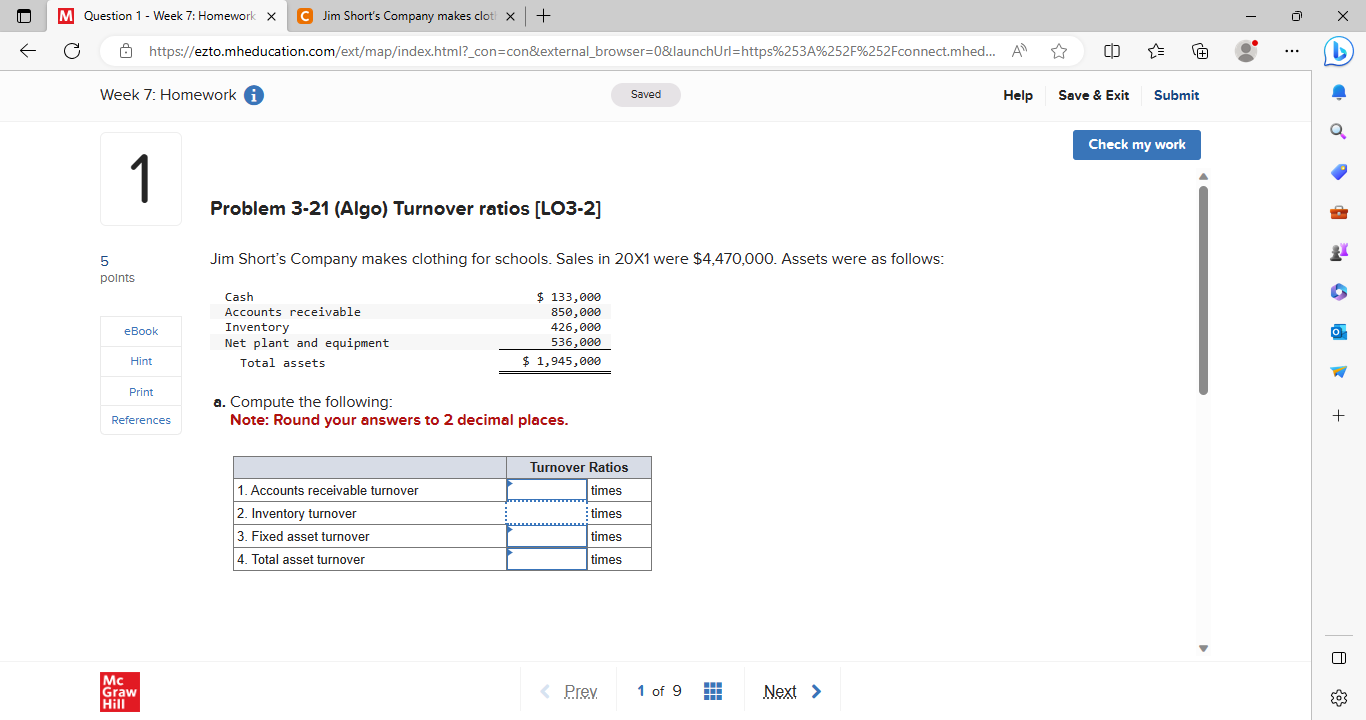 Solved Problem 3-21 (Algo) Turnover ratios [LO3-2] Jim | Chegg.com