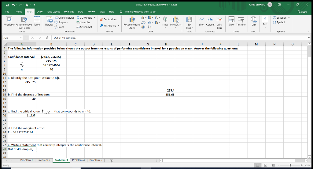 Solved STA3215_nudule2_HomeAutk - Excel Annie Schwal AS - 0 | Chegg.com