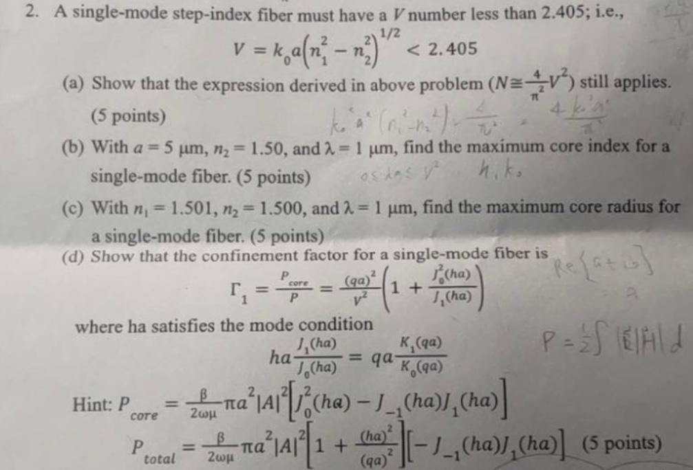 Solved A single-mode step-index fiber must have a V number | Chegg.com