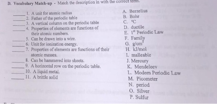 Solved in with the correct ter. D. Vocabulary Match-up Match | Chegg.com