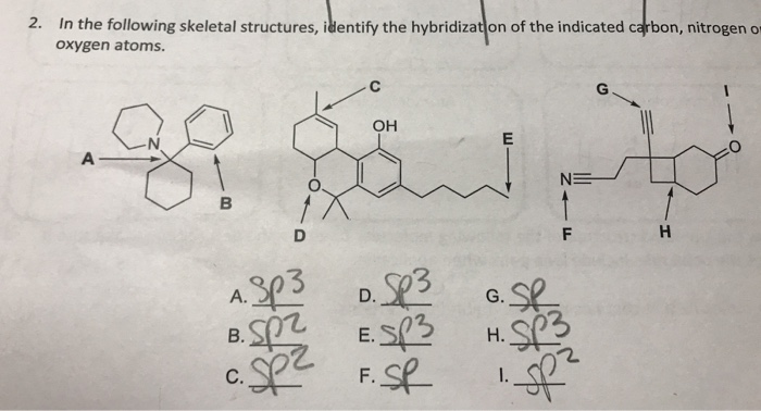 Solved 2. In the following skeletal structures, identify the | Chegg.com