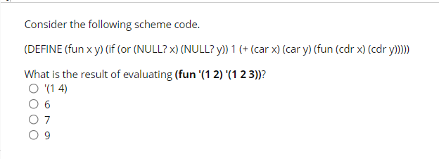 Solved Consider the following scheme code. (DEFINE (fun x y) | Chegg.com
