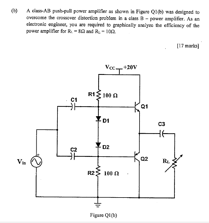 Solved (b) A class-AB push-pull power amplifier as shown in | Chegg.com
