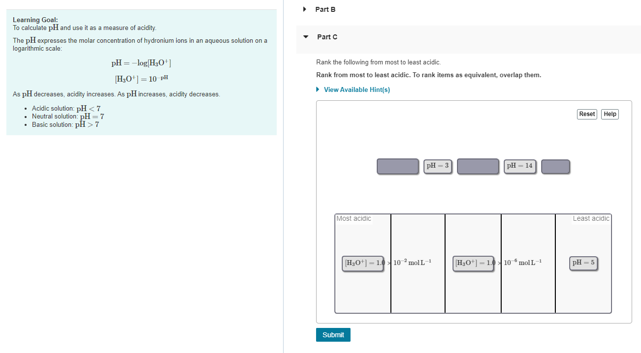 Solved Learning Goal: To calculate pH and use it as a | Chegg.com