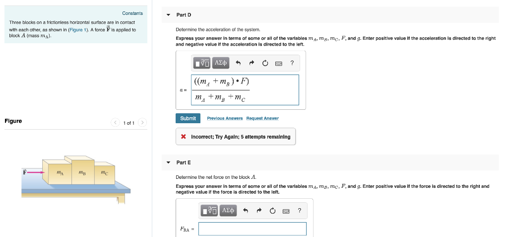 Solved Constants Part D Three blocks on a frictionless | Chegg.com