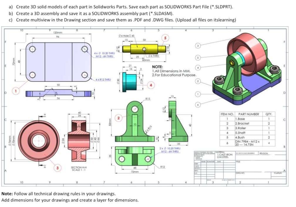 Solved a) Create 3D solid models of each part in Solidworks | Chegg.com