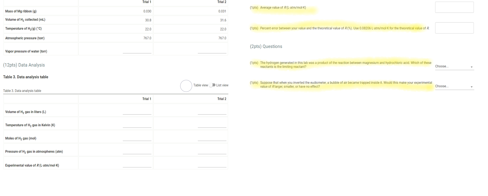 Solved Trial 1 Trial 2 (1pts) Average value of R(L.atm/mol | Chegg.com