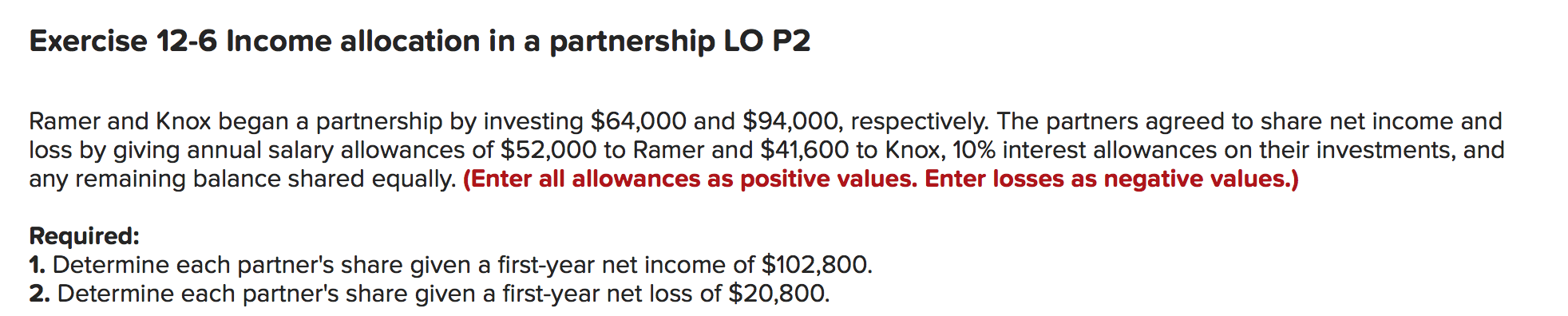 Solved Exercise 12-6 Income allocation in a partnership LO | Chegg.com