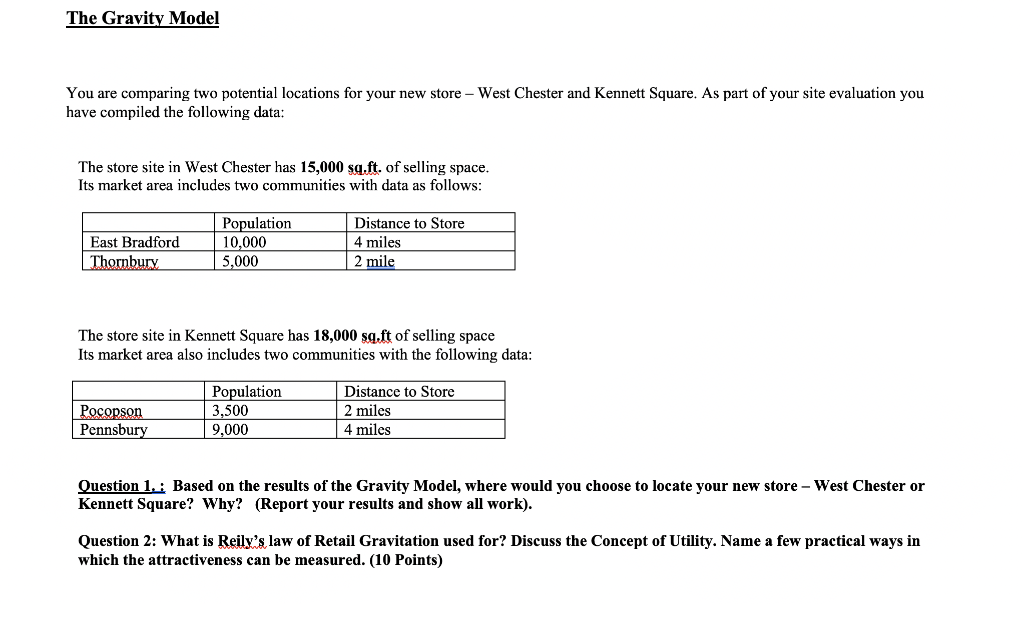 I. Reilly's Law of Retail Gravitation The data ID | Chegg.com