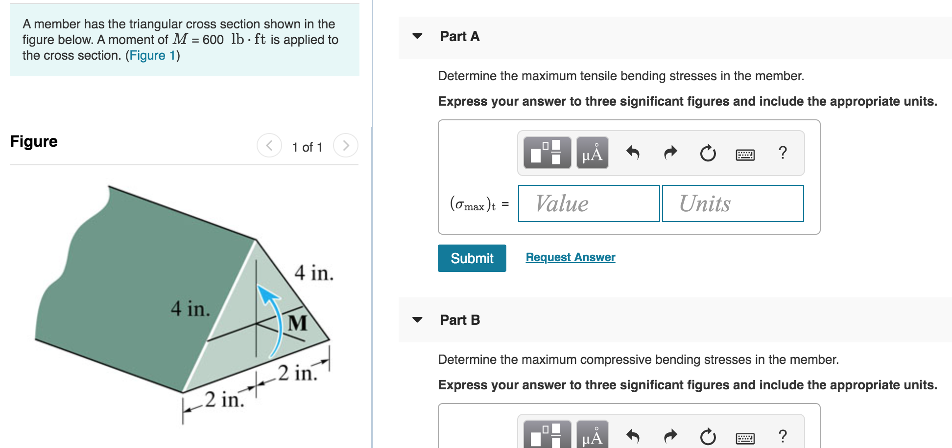 Solved A member has the triangular cross section shown in | Chegg.com