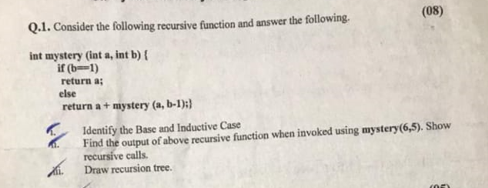 Solved (08) Q.1. Consider the following recursive function | Chegg.com
