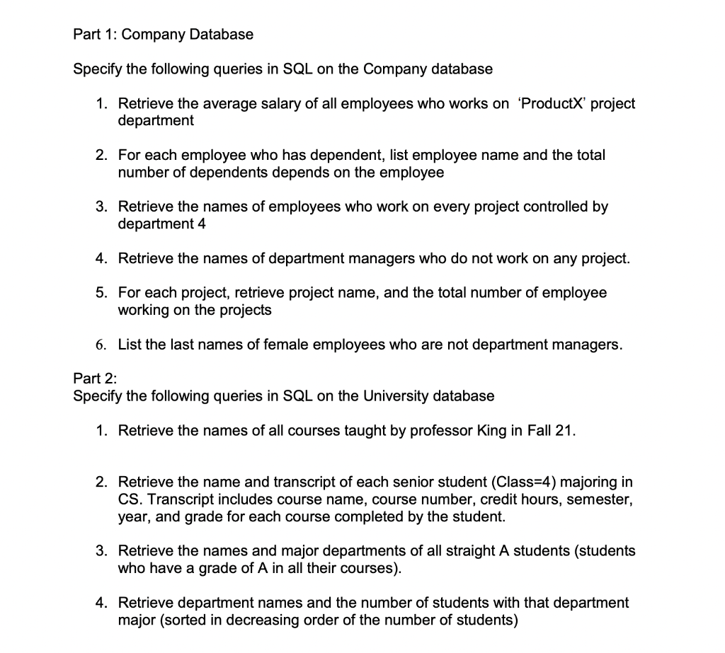 Part 1: Company Database Specify the following | Chegg.com