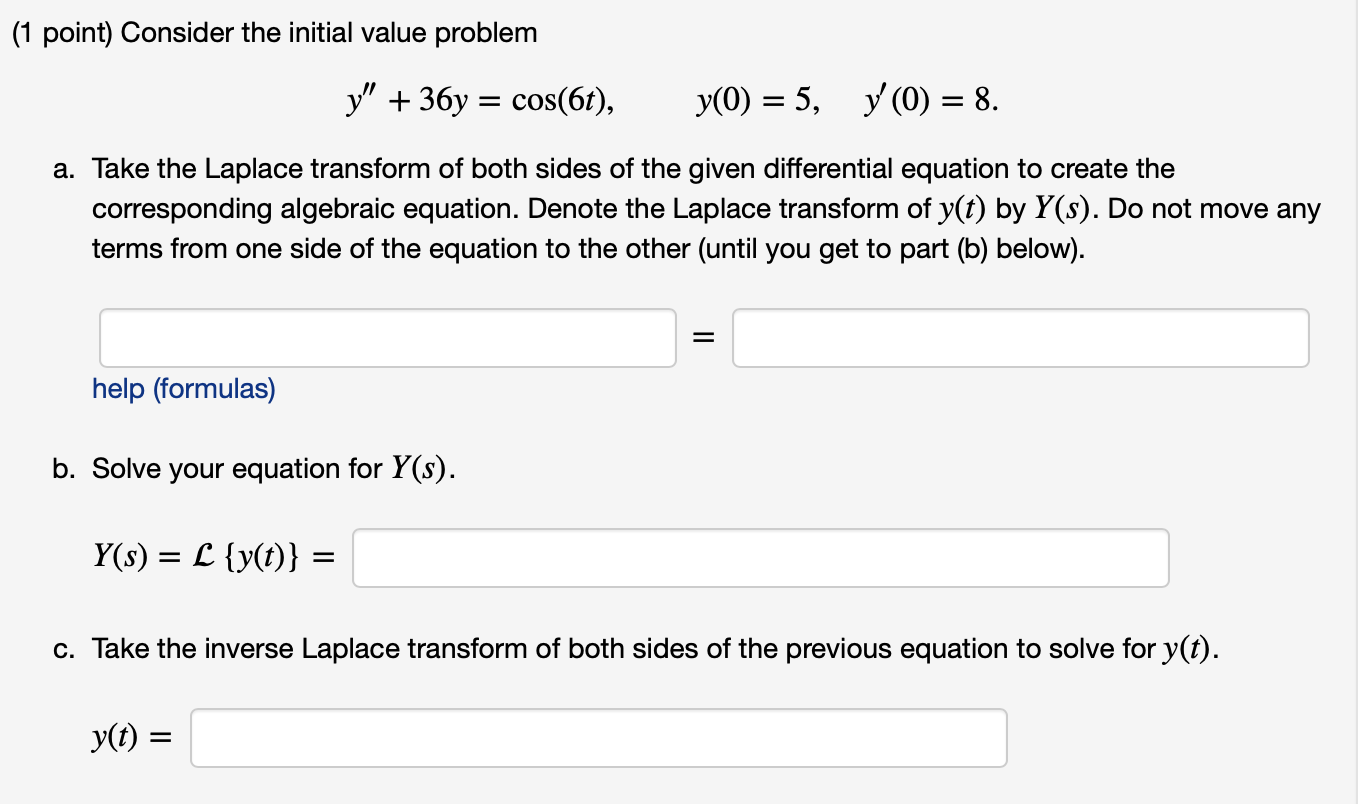 Solved (1 point) Consider the initial value problem y" + 36y | Chegg.com