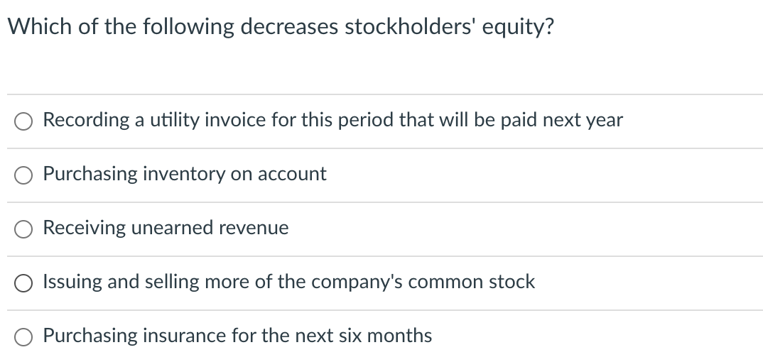 Solved Which of the following decreases stockholders' | Chegg.com