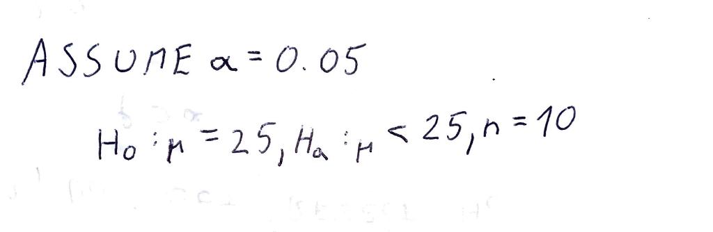 Solved ASSUME α=0.05 H0:μ=25,Ha:μ