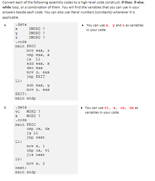 Solved a. z Convert each of the following assembly codes to | Chegg.com