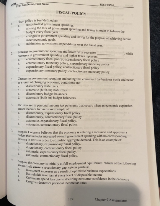 Solved SECTION # NAME Print Last Name, First Name FISCAL | Chegg.com