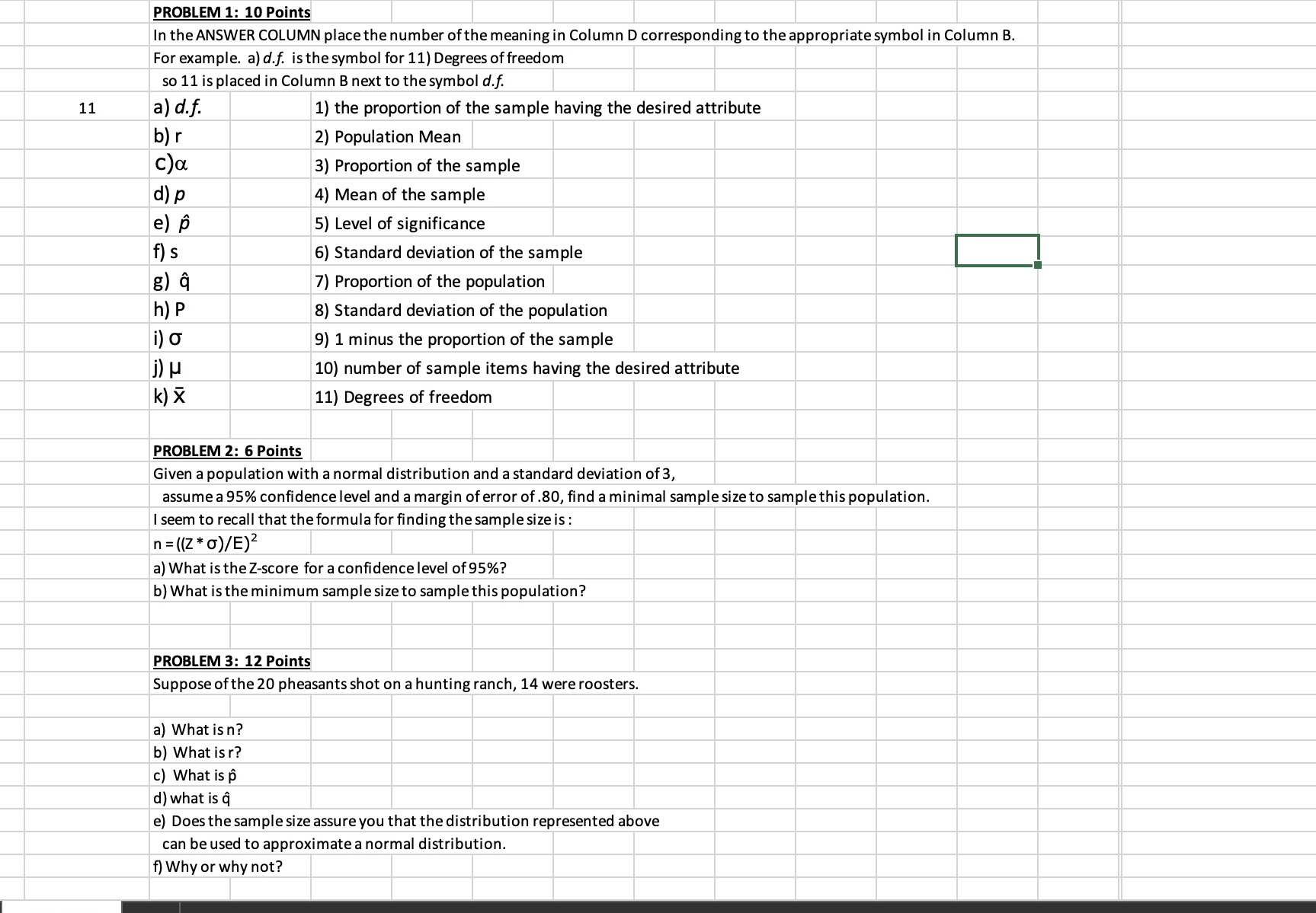Solved PROBLEM 1: 10 Points In the ANSWER COLUMN place the | Chegg.com