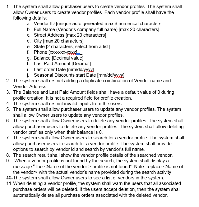 1. The system shall allow purchaser users to create | Chegg.com