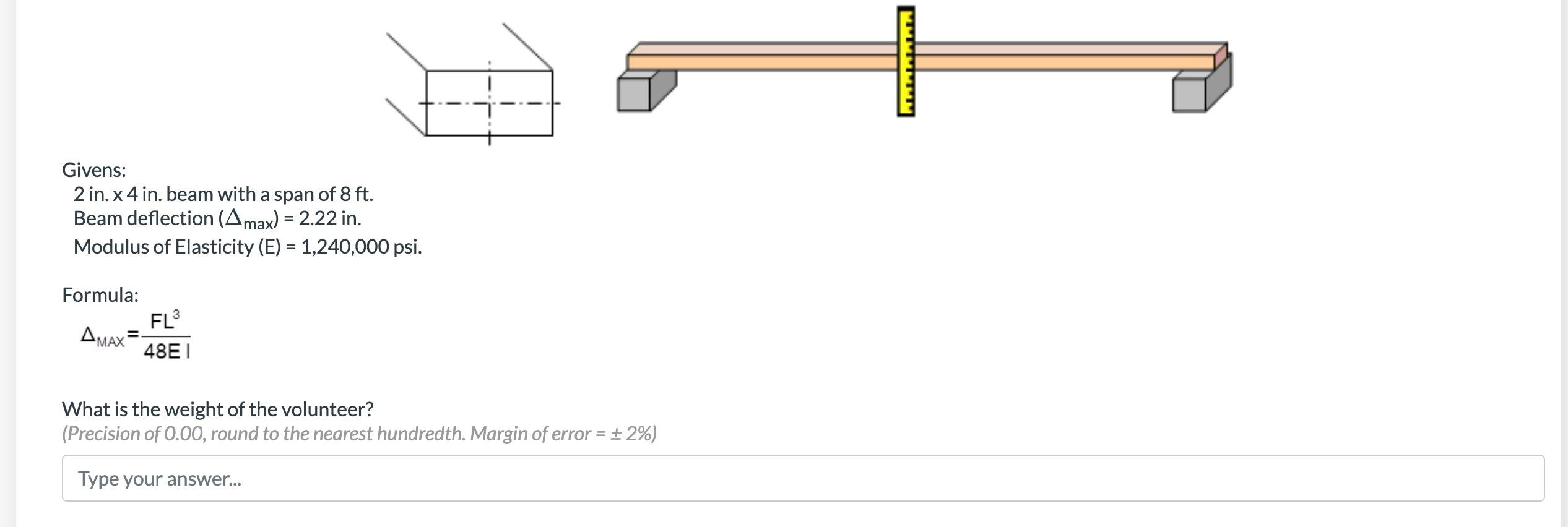 Solved Givens: 2 in. x4 in. beam with a span of 8ft. Beam | Chegg.com